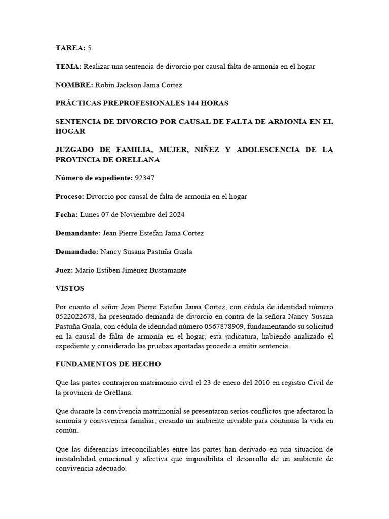 Tarea 5. Divorcio Por Causal (Falta de Armonia en El Hogar) Robin Jama ...