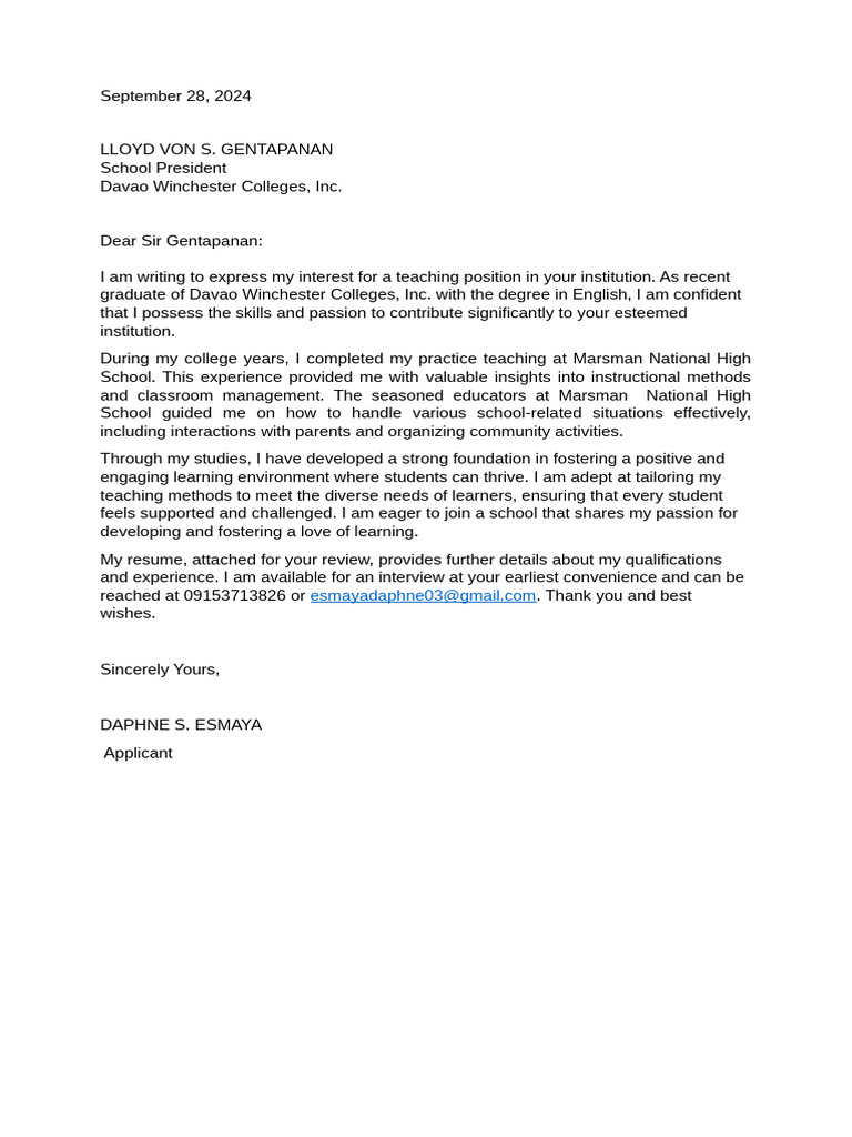 Daphne-Application-Letter 2 | PDF | Teachers | Classroom Management
