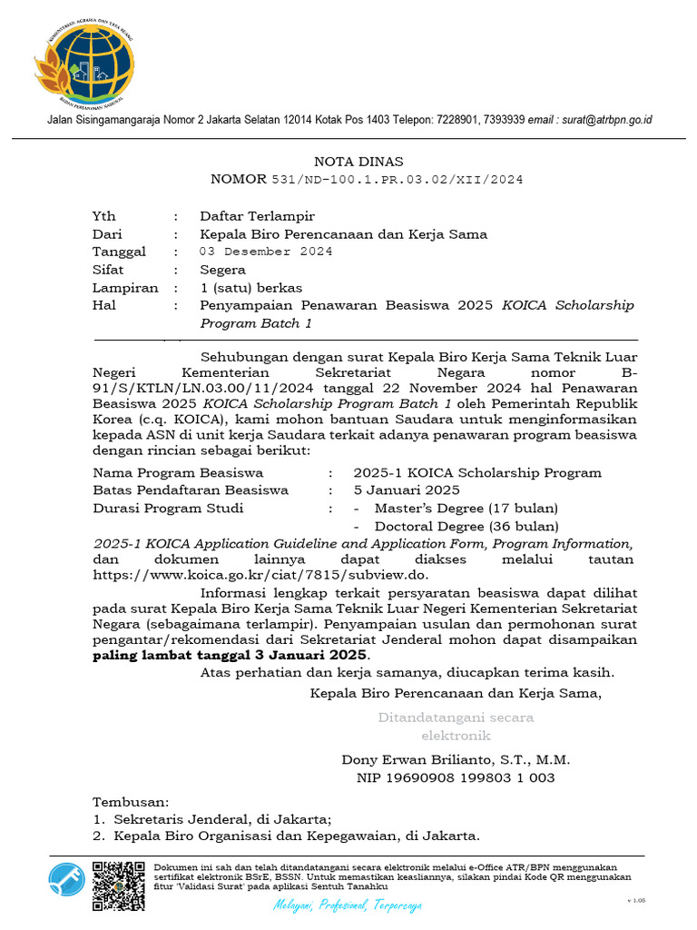 Penyampaian Penawaran 2025 KOICA Scholarship - Pdf... Tte | PDF