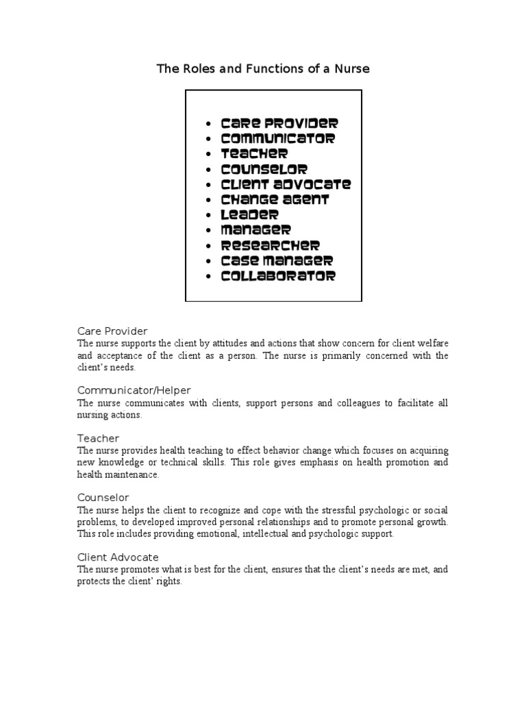 Roles and Functions of Nurses Explained | PDF | Nursing | Leadership
