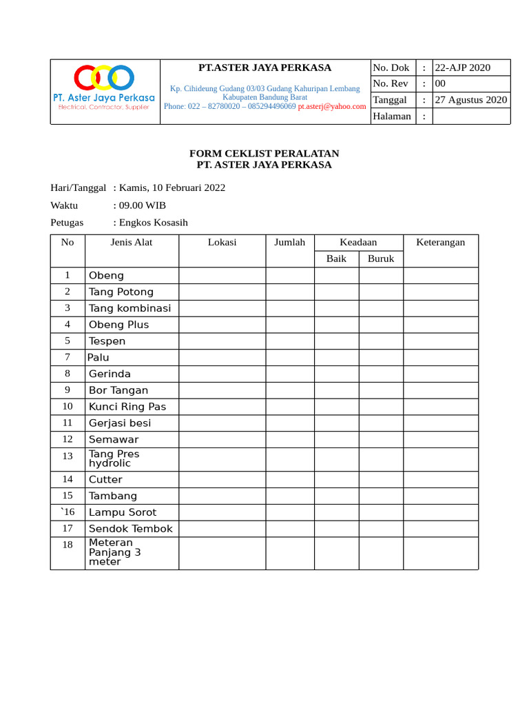 Form CEKLIST PERALATAN | PDF