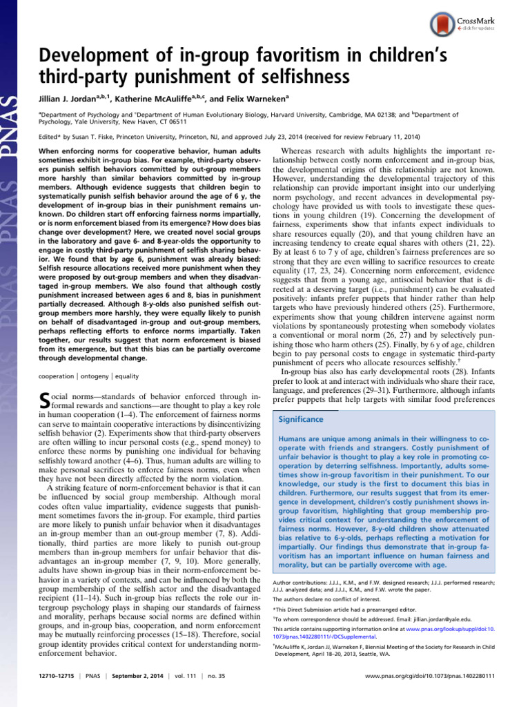 In-Group Favoritism in Children's Punishment | PDF | Bias | Psychology