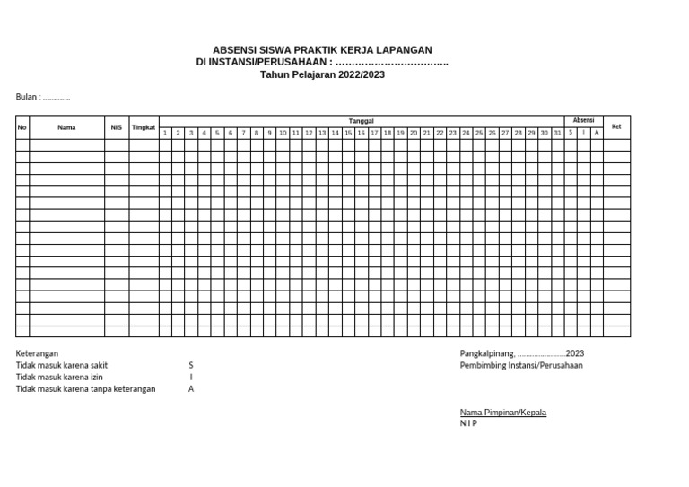 Format Absensi Siswa Prakerin 2022 (A4) | PDF