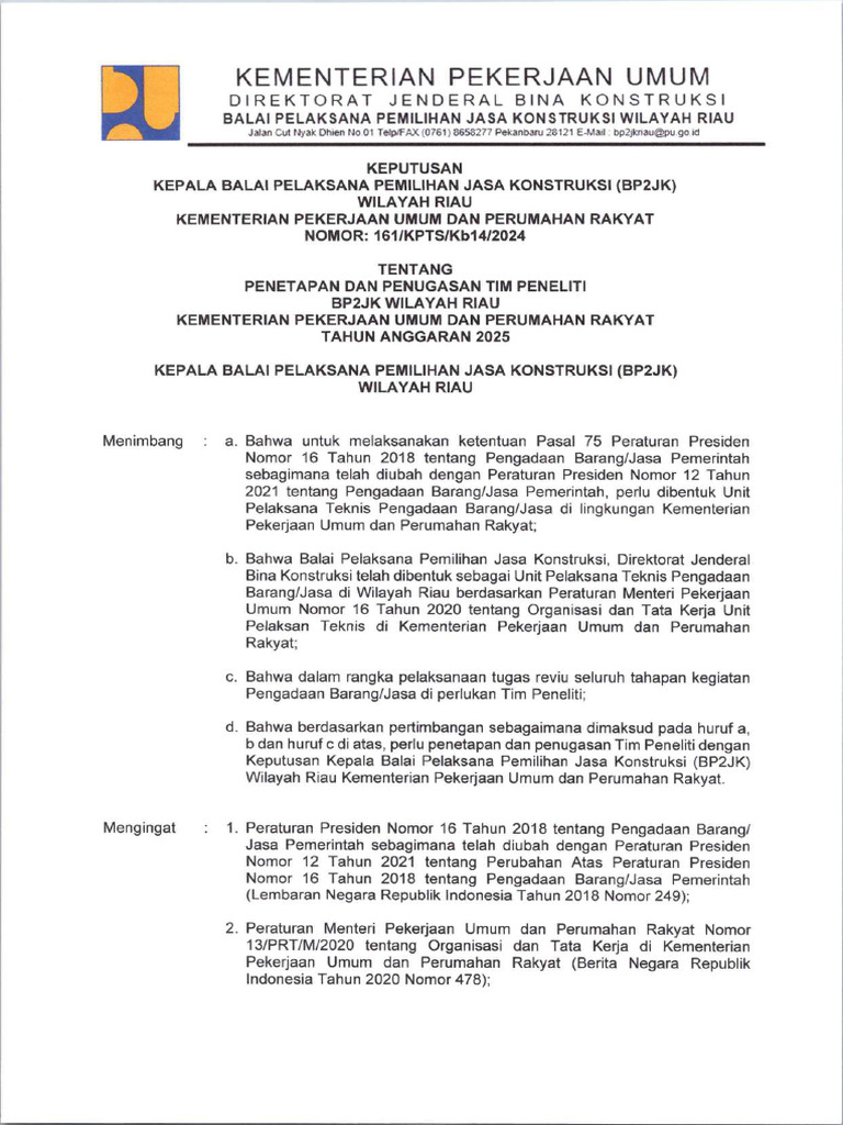 161. SK TIMLIT Paket PW 03 Pengawasan Teknis Jalan dan Jembatan Provinsi Riau_compressed | PDF