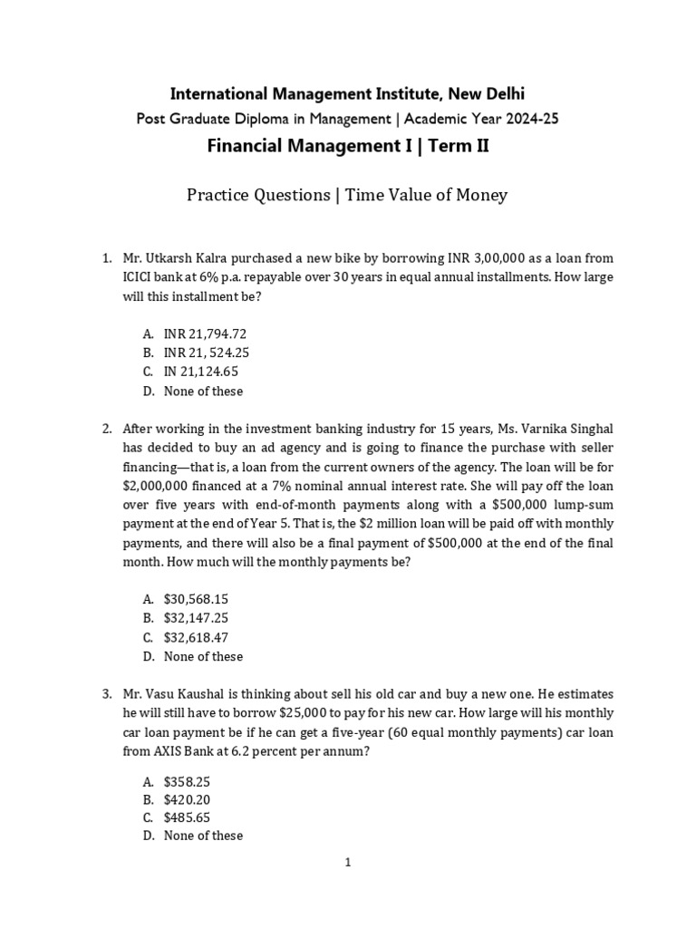 Practice Questions_Time Value of Money_IMI Delhi | PDF | Present Value | Interest