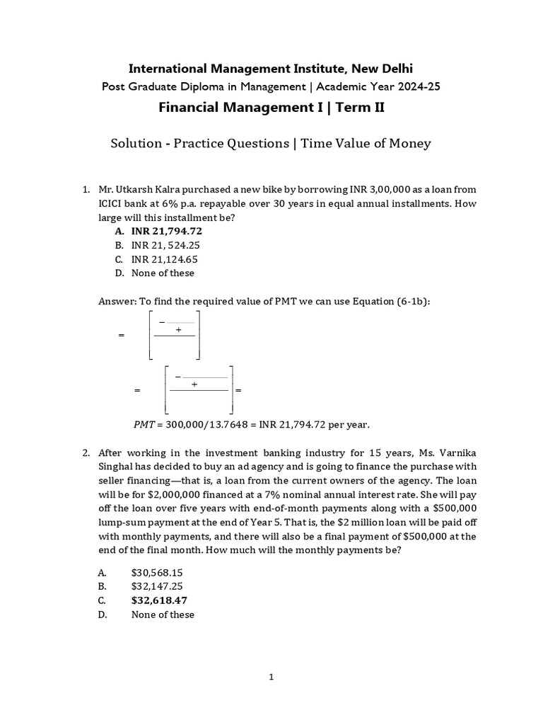 Solution - Practice Questions - Time Value of Money - IMI | PDF | Present Value | Interest