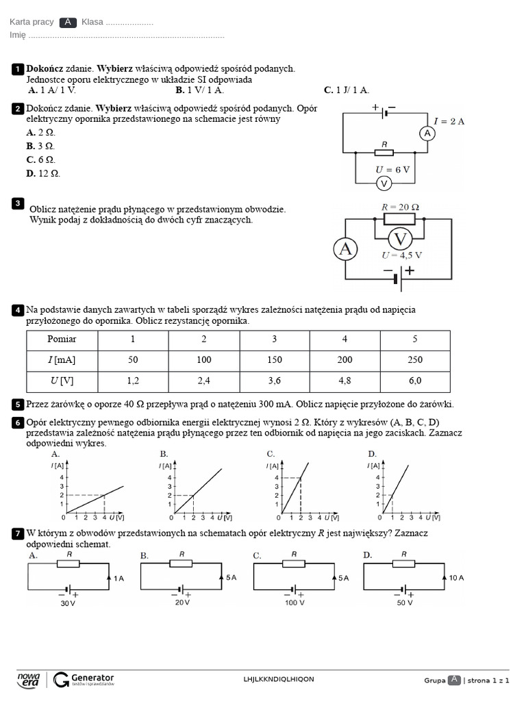 Opór Elektryczny Karta Pracy | PDF