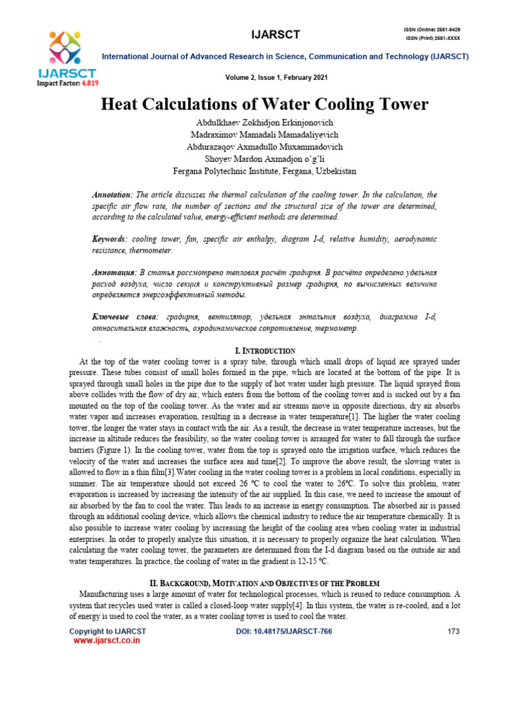 Heat Calculations of Water Cooling Tower | PDF | Water | Enthalpy