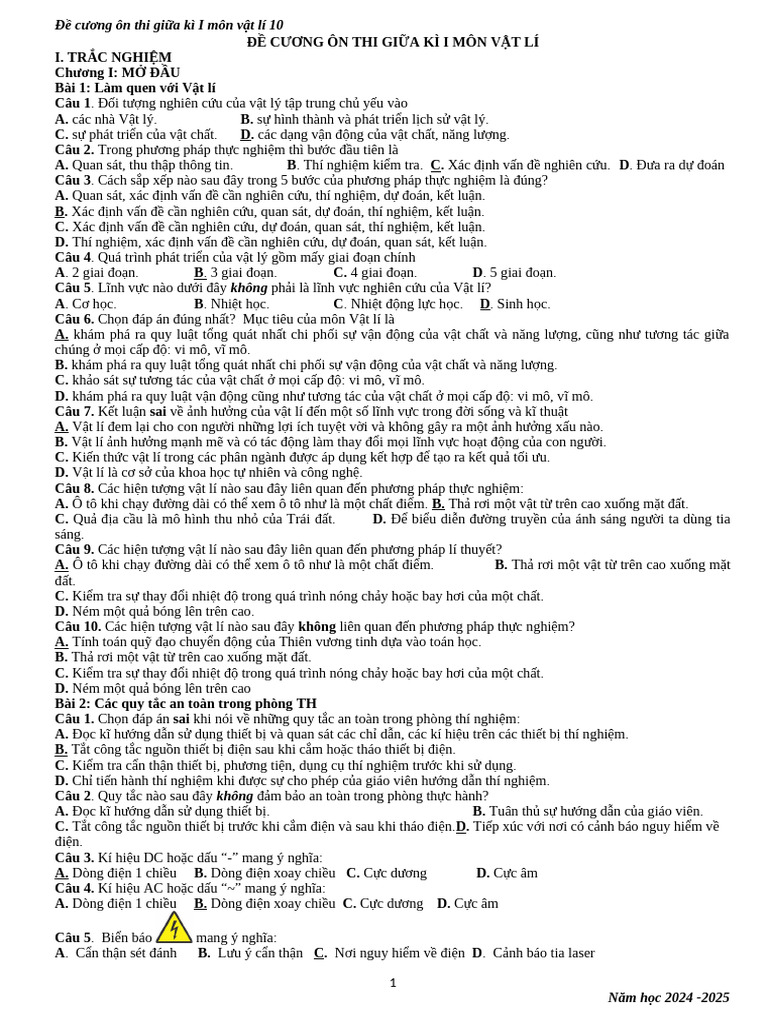 10 de Cuong on Tap Giua Ki 1 Vat Li Nam Hoc 2024-2025 | PDF