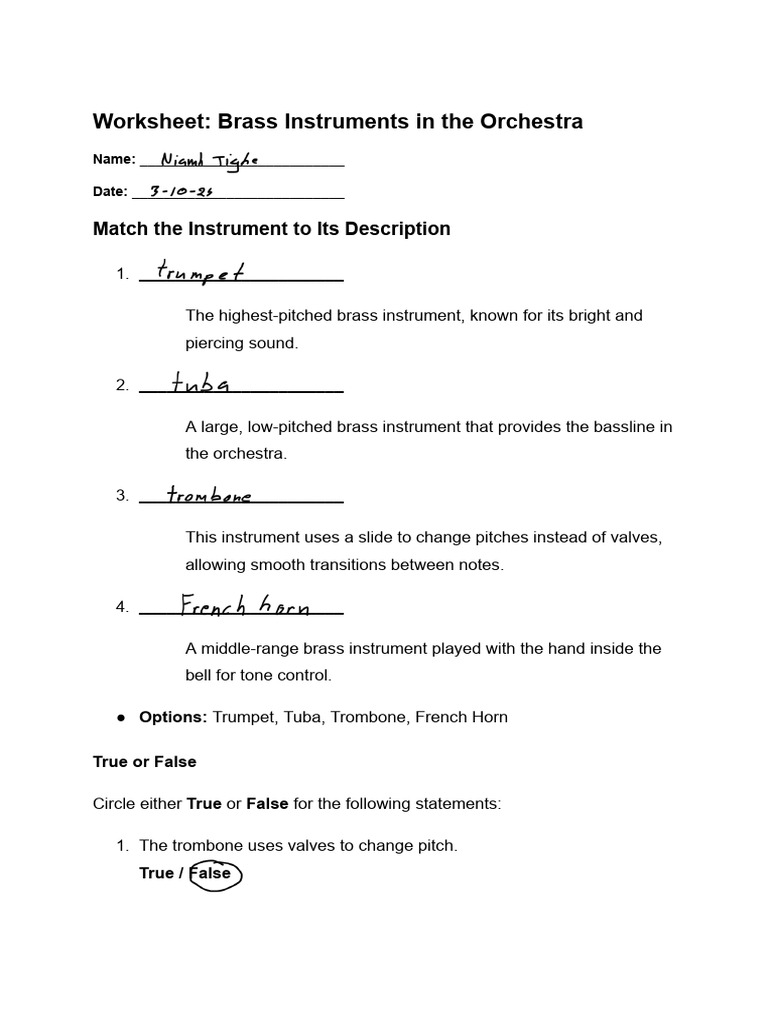 Brass Instruments Worksheet for Students | PDF
