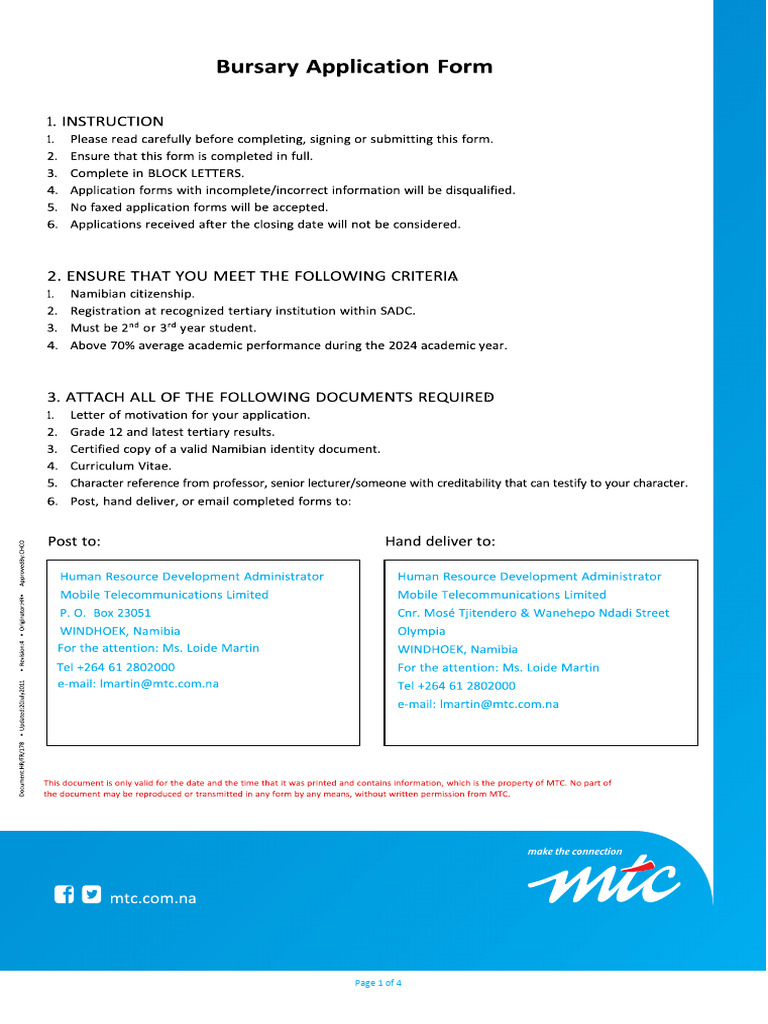 MTC Bursary Application Form | PDF