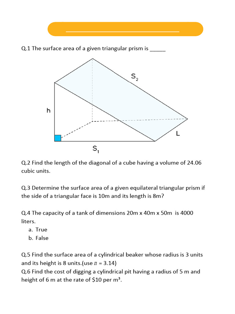 Surface Area and Volume Problems Worksheet | PDF