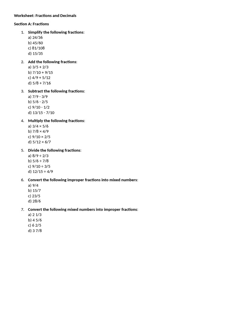 Grade 7 Fractions and Decimals Worksheet | PDF