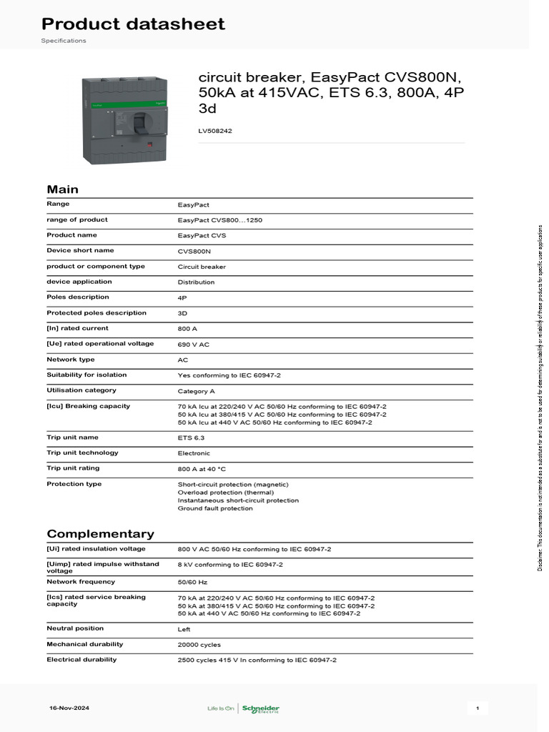 Schneider Electric - EasyPact-CVS - LV508242 | PDF | Alternating Current | Power (Physics)