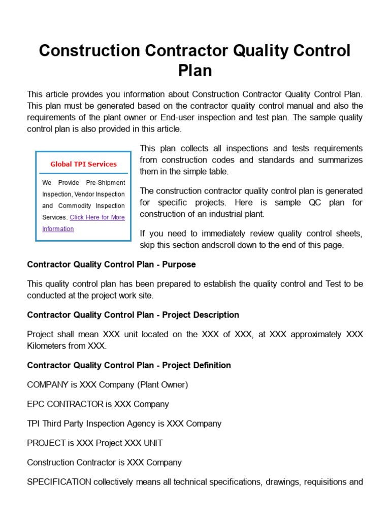 Contractor Quality Control Plan | PDF | Specification (Technical ...