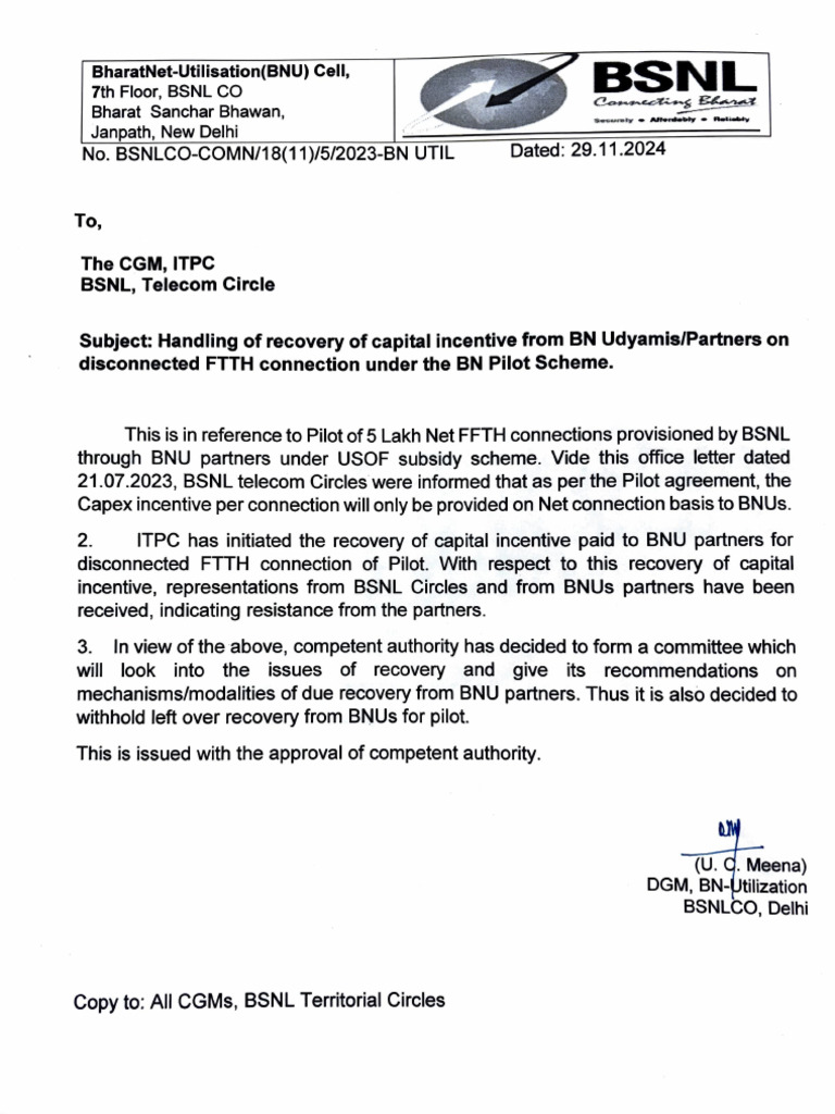 BSNL FTTH Incentive Recovery Plan | PDF