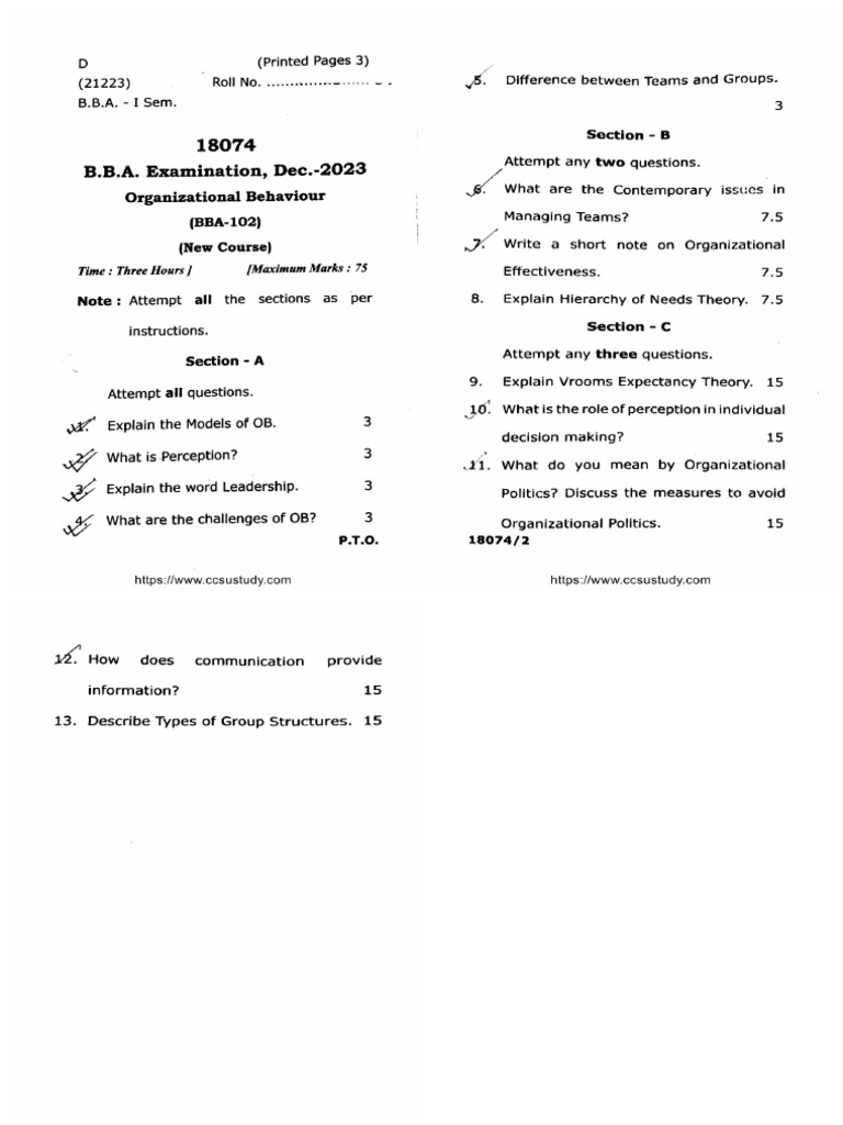 Bba 1 Sem Organizational Behaviour 18074 Dec 2023 | PDF