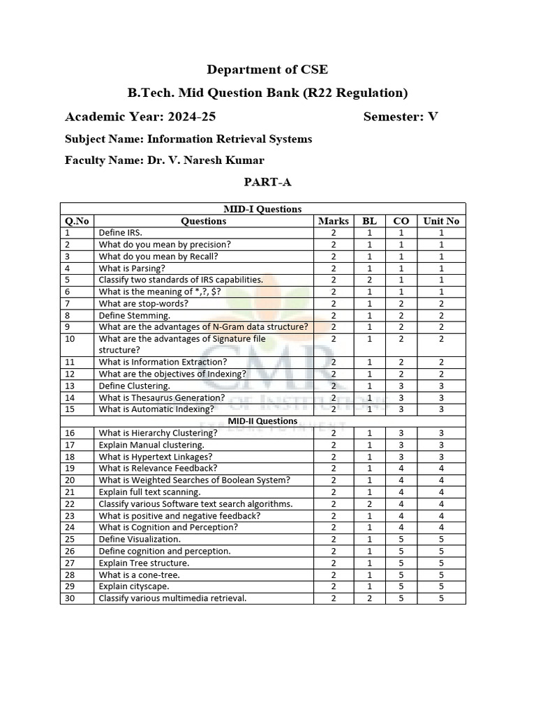IRS-B.Tech-R22-Mid-Question-Bank updated | PDF | Information Retrieval | Cluster Analysis