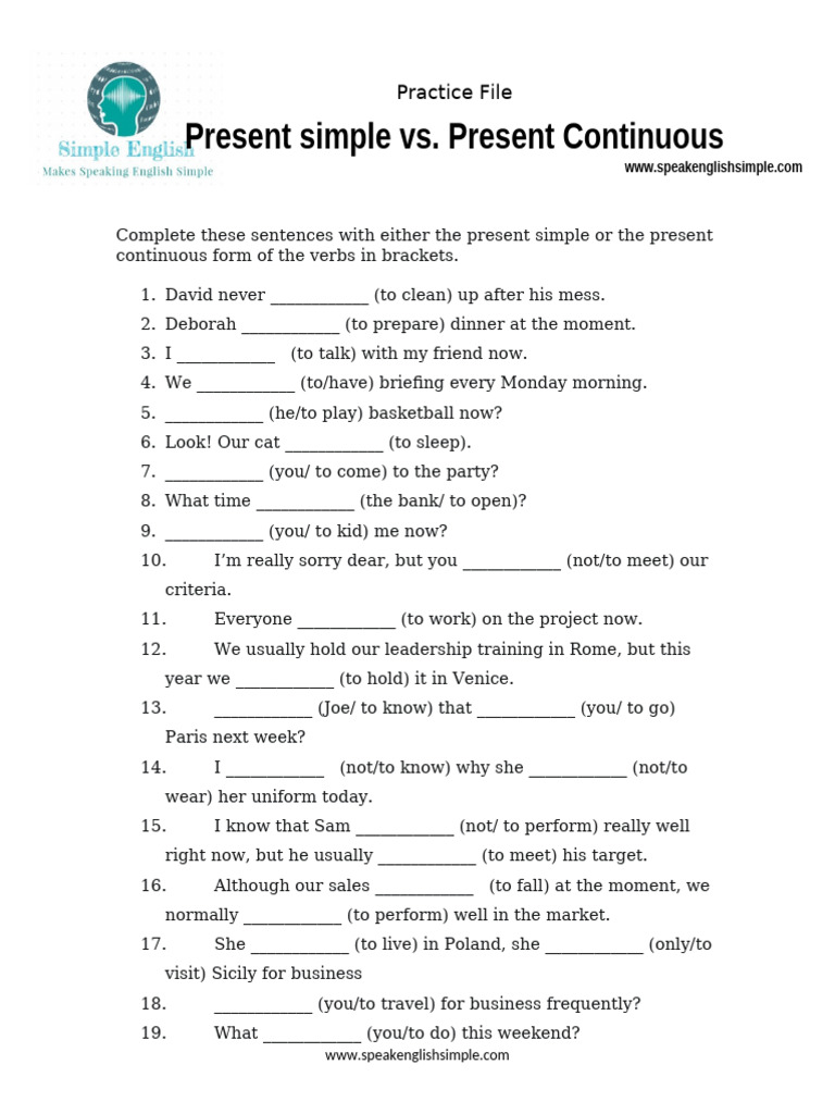 Present Simple Vs Present Continuous Grammar Drills Grammar Guides Oneonone Activities - 115336 ...