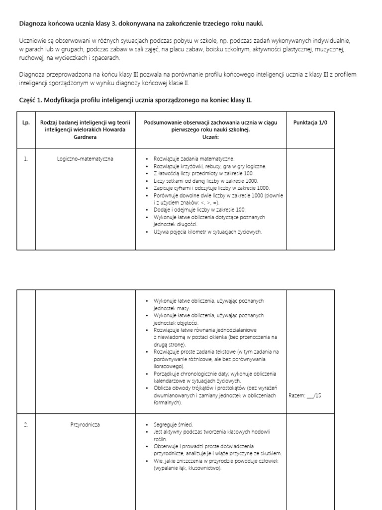 Klasa 3 Diagnoza Końcowa | PDF