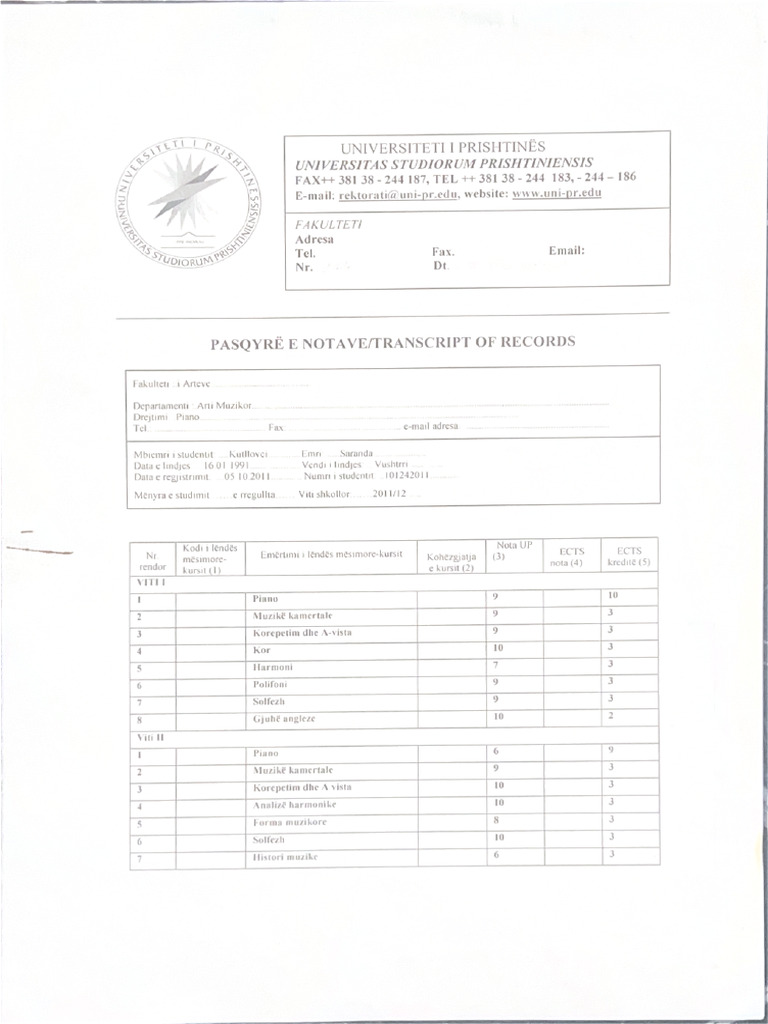 Fächerauflistung Saranda Syla | PDF
