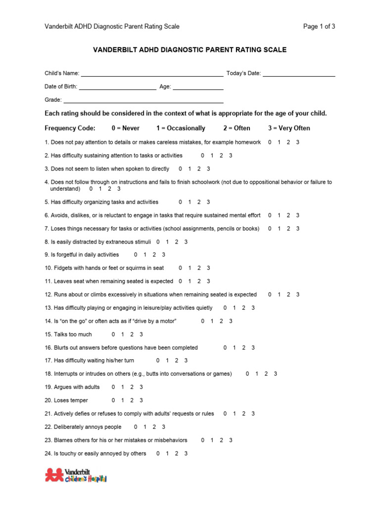 Vanderbilt ADHD Diagnostic Parent Rating Scale | PDF | Impulsivity ...
