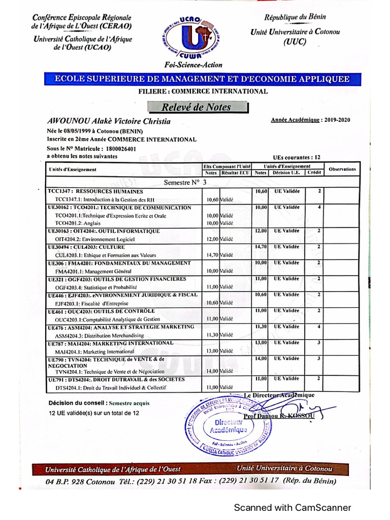 Bulletin 3 Semestre (2ème Année CI) | PDF
