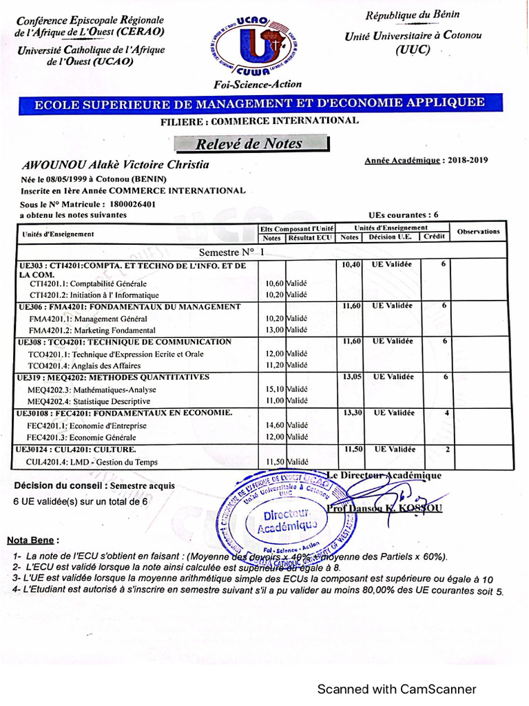 Bulletin 1 Semestre (1ère Année CI) | PDF