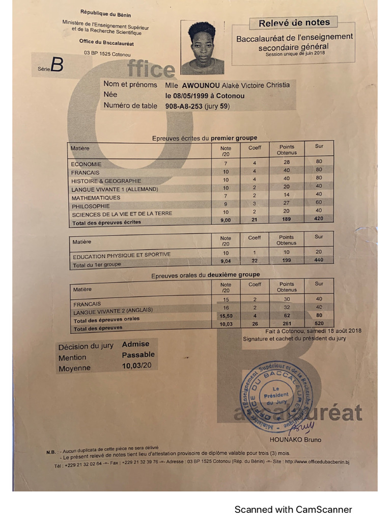 Relevé de Note BAC | PDF