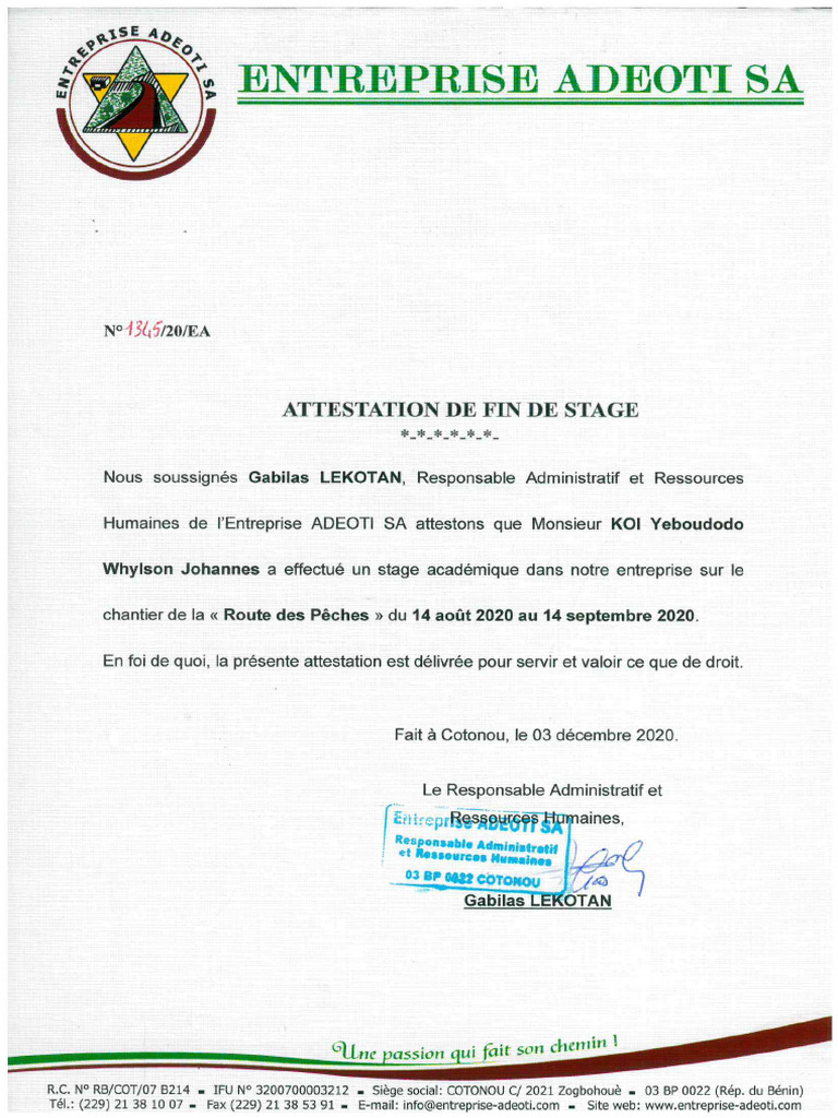 Attestation Stage 2020 | PDF