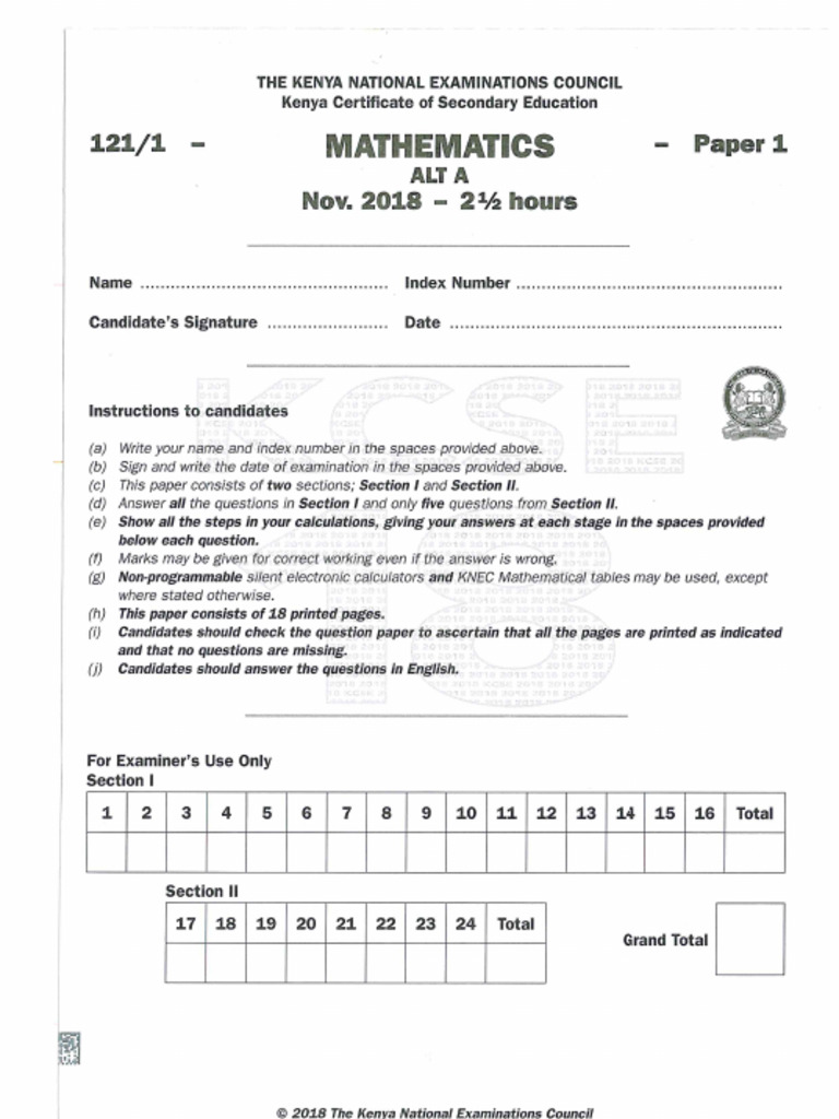 Kcse 2018 Knec Math P1 | PDF