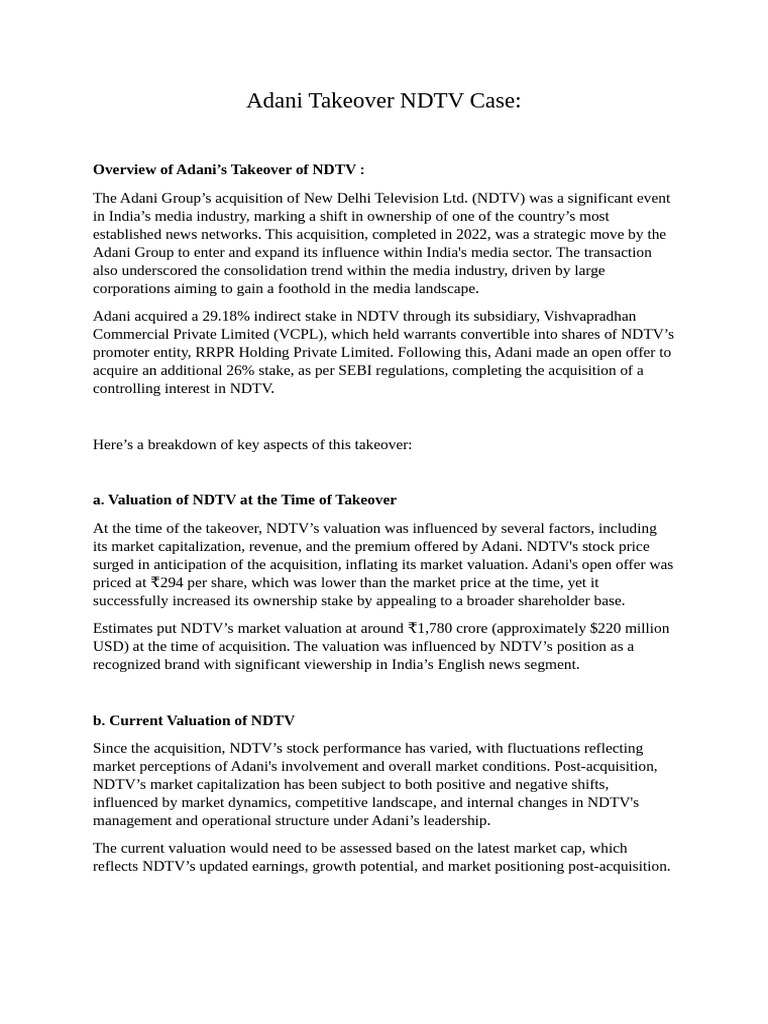 Adani Takeover NDTV Case | PDF | Mergers And Acquisitions | Takeover