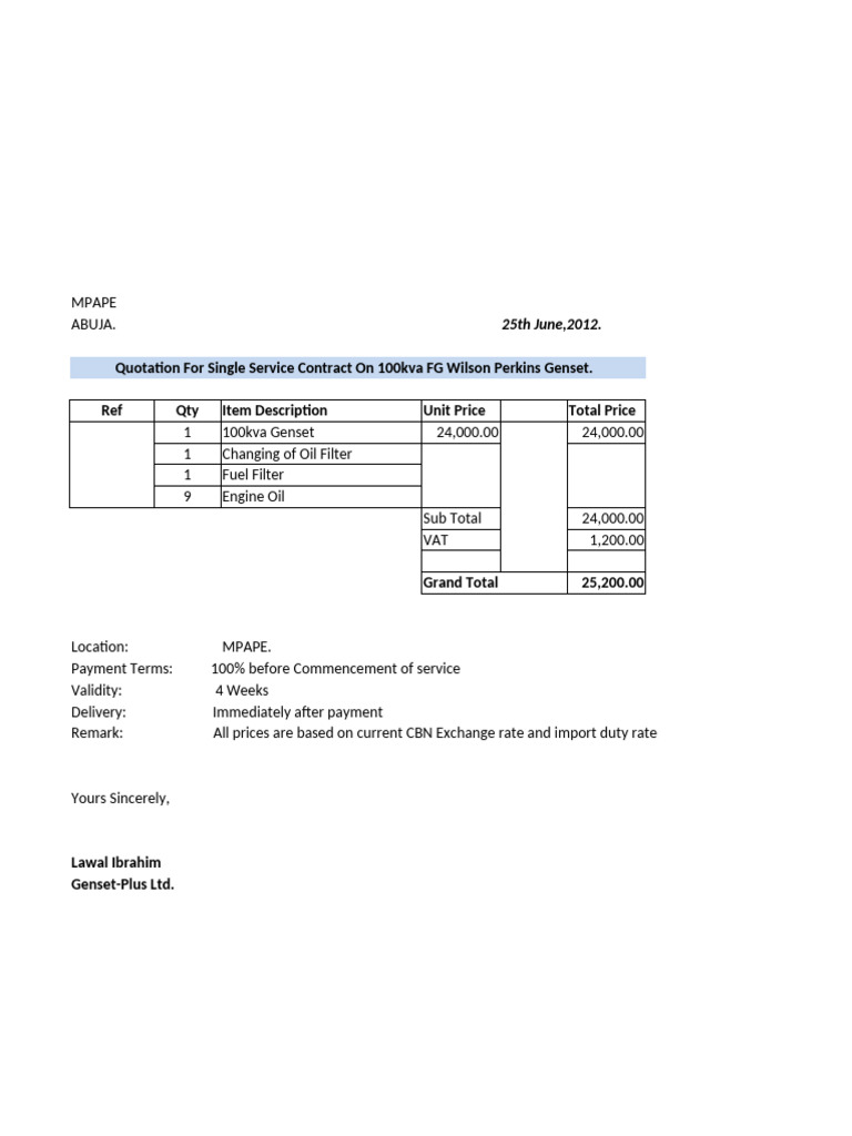 National Commission, 100kva FG Wilson Perkins, Single Service Quotation 2 | PDF