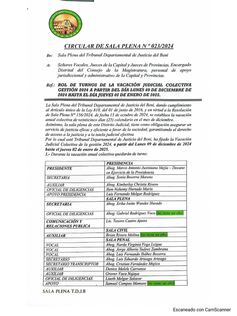 Resolución de Sala Plena 232024 Vacaciones Judiciales 2024 | PDF