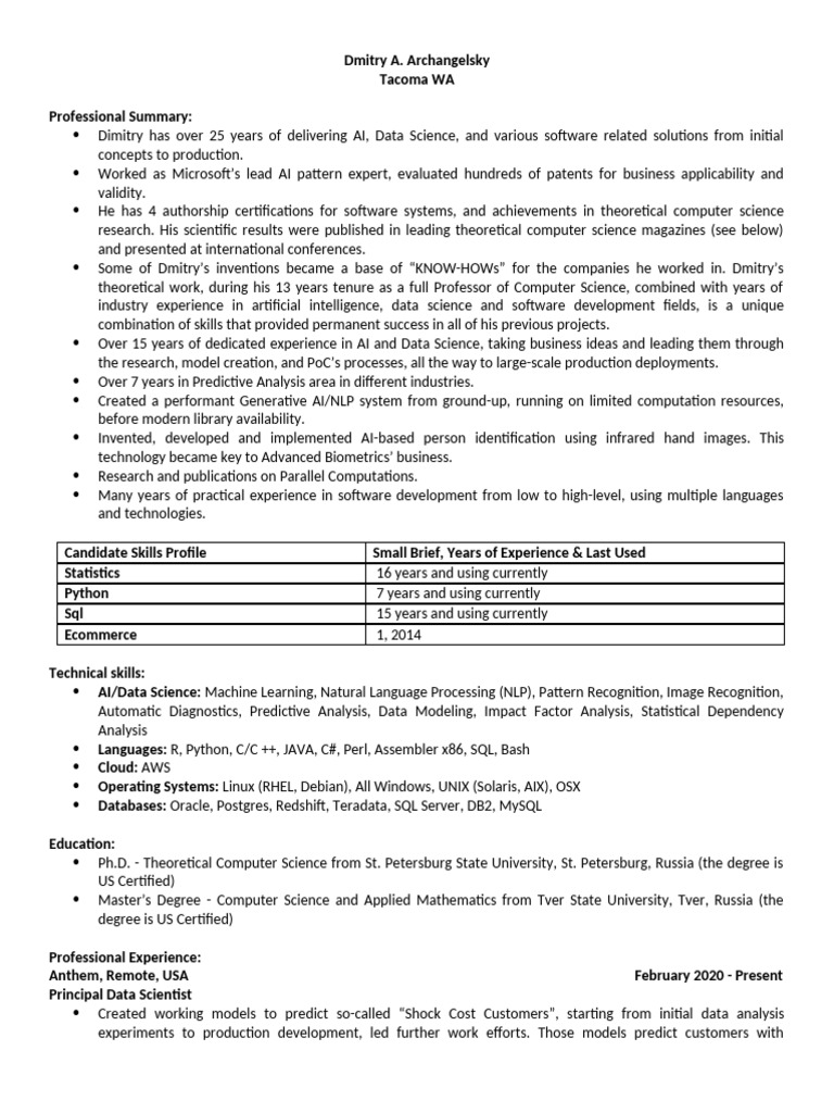 Dmitry A. Archangelsky - Resume | PDF | Ibm Db2 | Artificial Intelligence