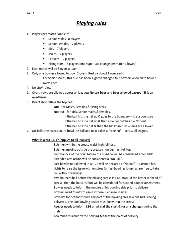 APL 4 - Detailed Rule Book | PDF | Bowling (Cricket) | Games Of Physical Skill