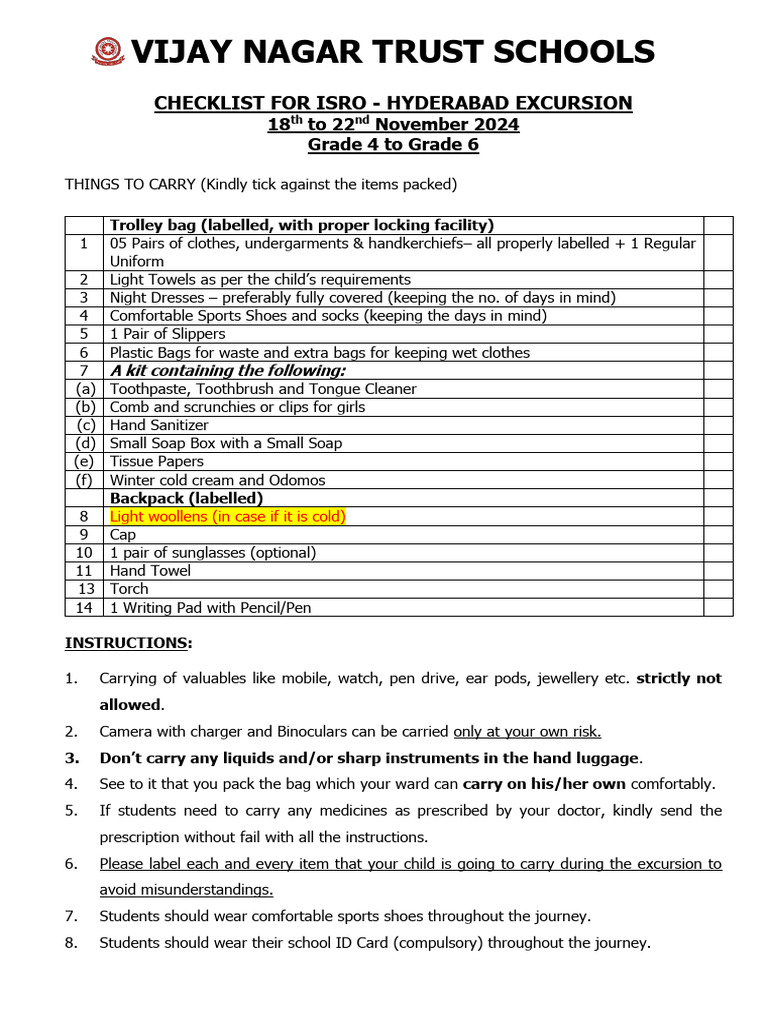 Checklist Hyd Excursion 2024-25 - Grade 4 to 6 | PDF
