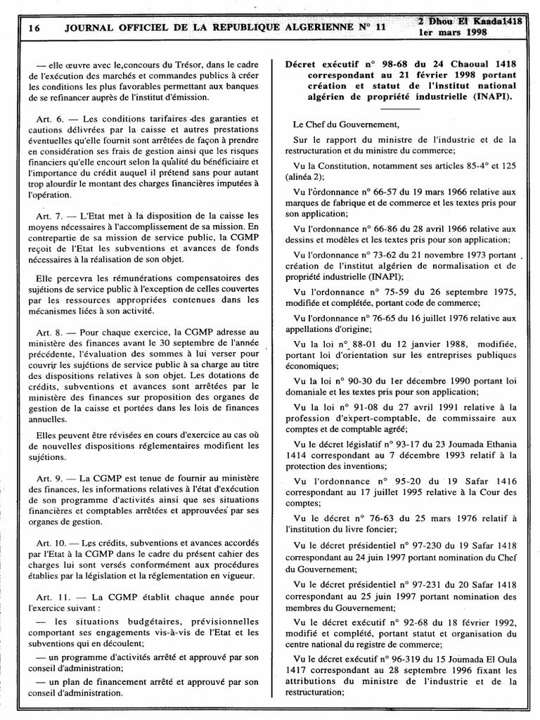 Décret Exécutif 98-68 Création Et Statut de l'Institut National ...