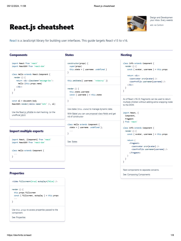 React.js cheatsheet | PDF | Document Object Model | Computer Programming React.js cheatsheet | PDF | Document Object Model | Computer Programming