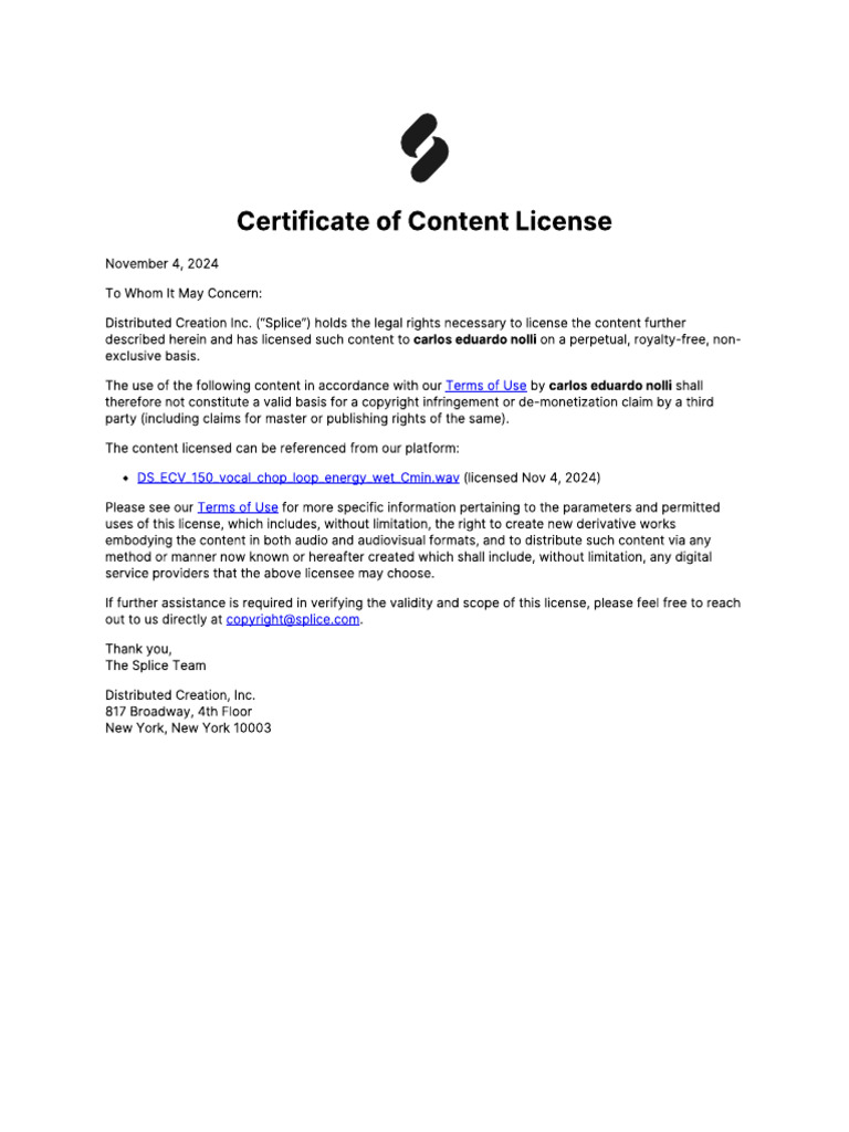 Certificate of Content License (04nov4114) | PDF