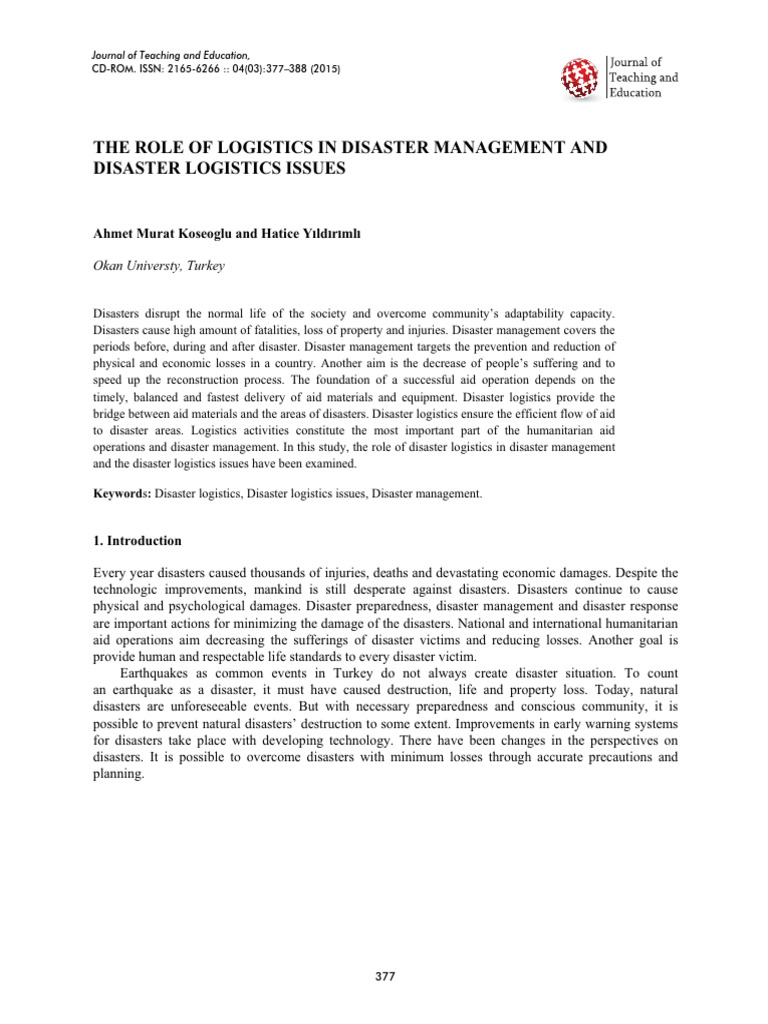 Role of Logistics in Disaster Management | PDF | Emergency Management ...