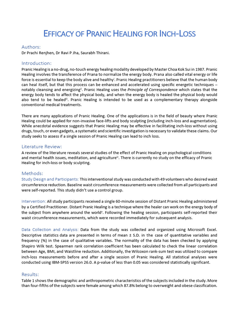 Efficacy of Pranic Healing For Inch Loss | PDF | Body Mass Index | Prana