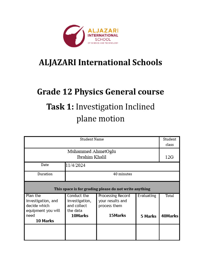Physics task 1 Investigating Inclined plan motion | PDF | Force | Experiment