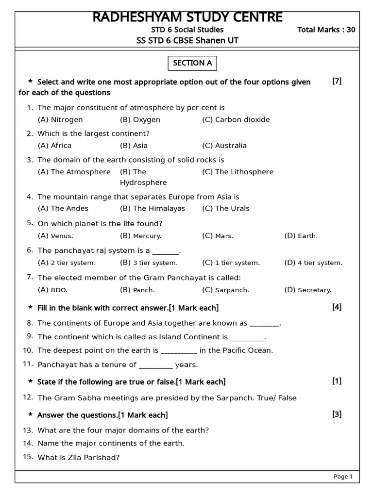 Ss STD 6 Cbse Shanen Ut | PDF | Earth | Atmosphere