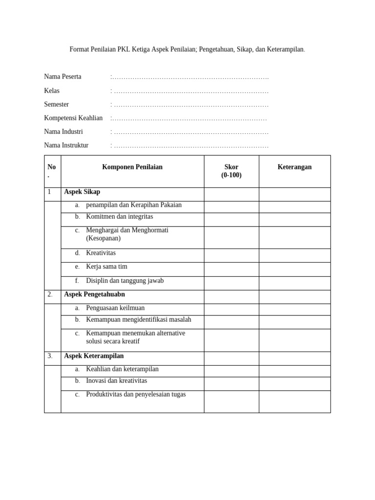 Format Penilaian PKL Ketiga Aspek Penilaian | PDF