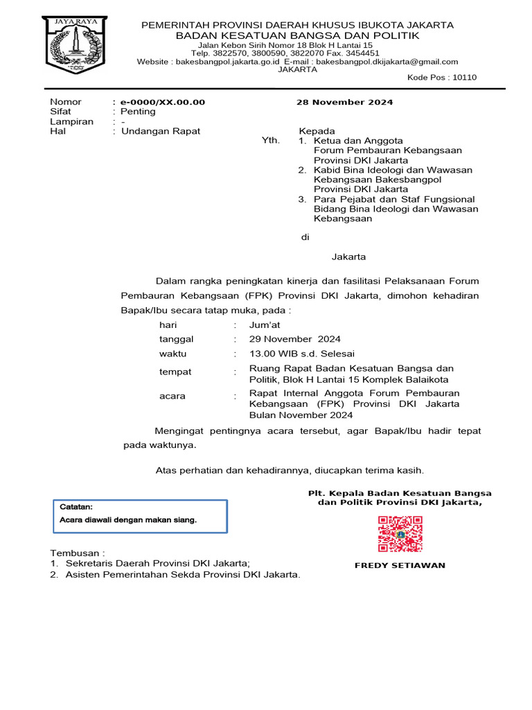 Surat Undangan Rapat Internal FPK November 2024 | PDF