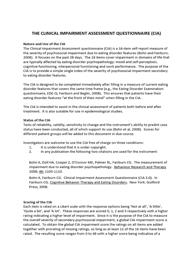 CIA 3.0 Instructions For Users | PDF | Eating Disorder | Psychopathology
