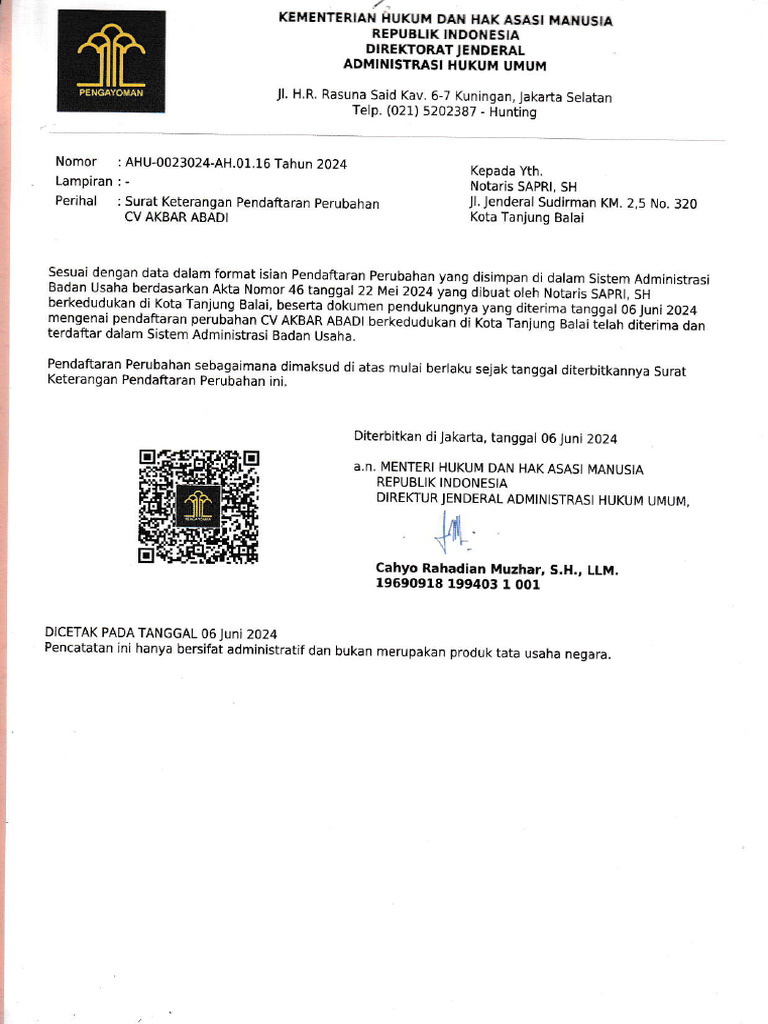 Akta Perubahan Cv. Akbar Abadi | PDF