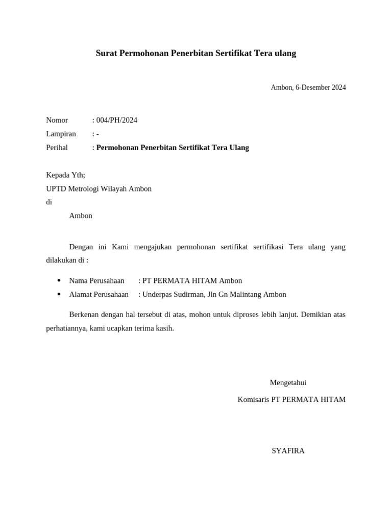 Surat Permohonan Penerbitan Sertifikat Tera Ulang | PDF