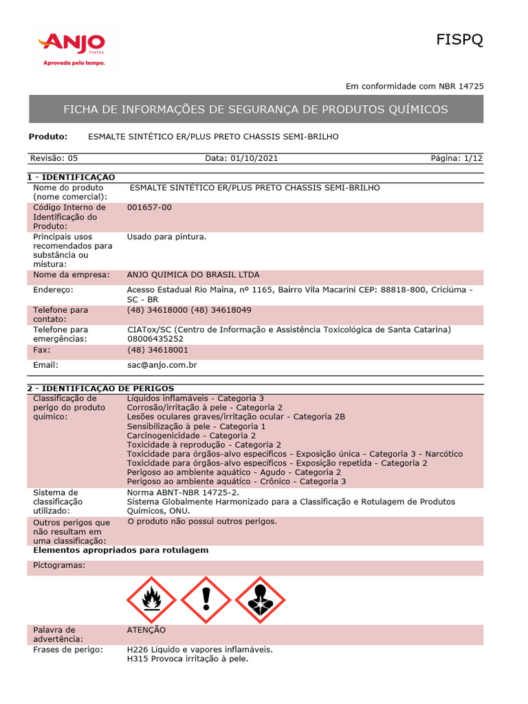 FISPQ Esmalte Sintético ER/Plus Preto | PDF | Química | Dióxido de carbono